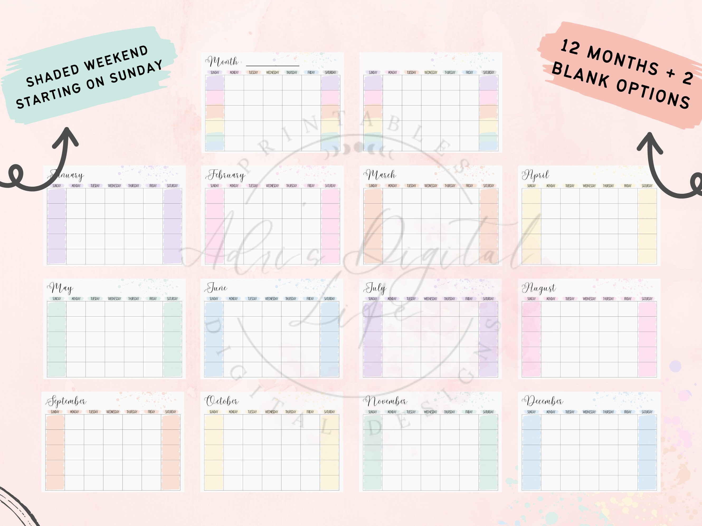 Pastel Rainbow Blank Monthly Calendar / Digital Download / PDF - Etsy UK