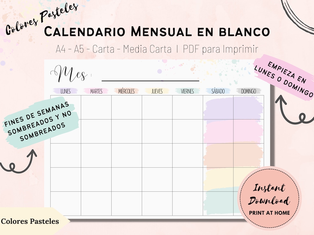 Arcoíris Pastel Calendario Mensual Para Imprimir En Blanco En ESPAÑOL ...