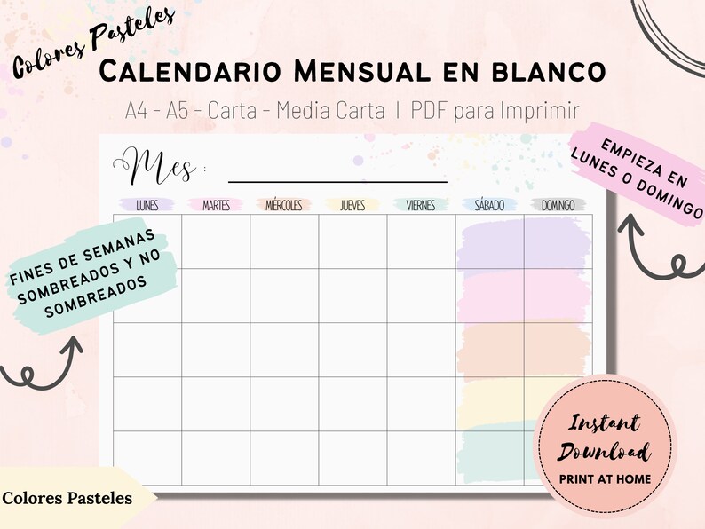 Arcoíris Pastel Calendario Mensual Para Imprimir En Blanco En ESPAÑOL ...