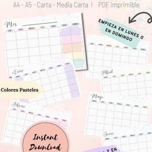 Arcoíris Pastel Calendario Mensual Para Imprimir En Blanco En ESPAÑOL ...