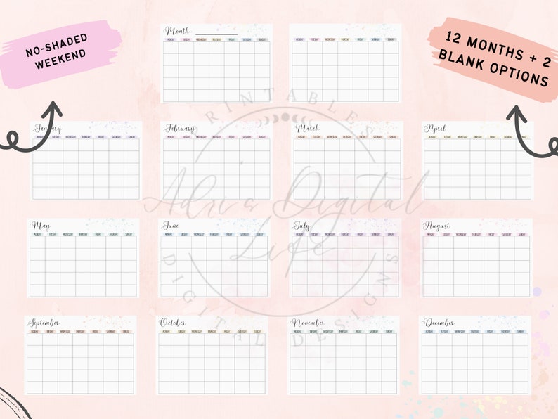 Pastel Rainbow Blank Monthly Calendar / Digital Download / PDF - Etsy