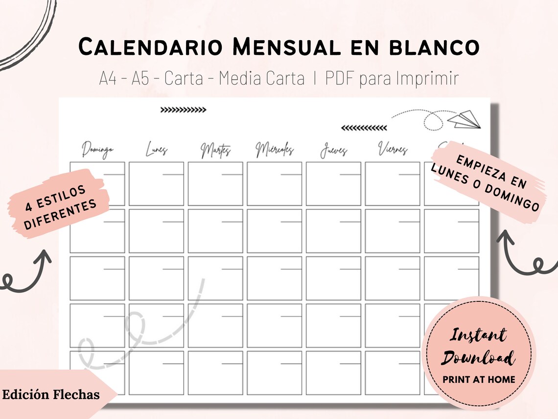 Calendario Mensual En Blanco Para Imprimir /PDF / Planificador Mensual ...