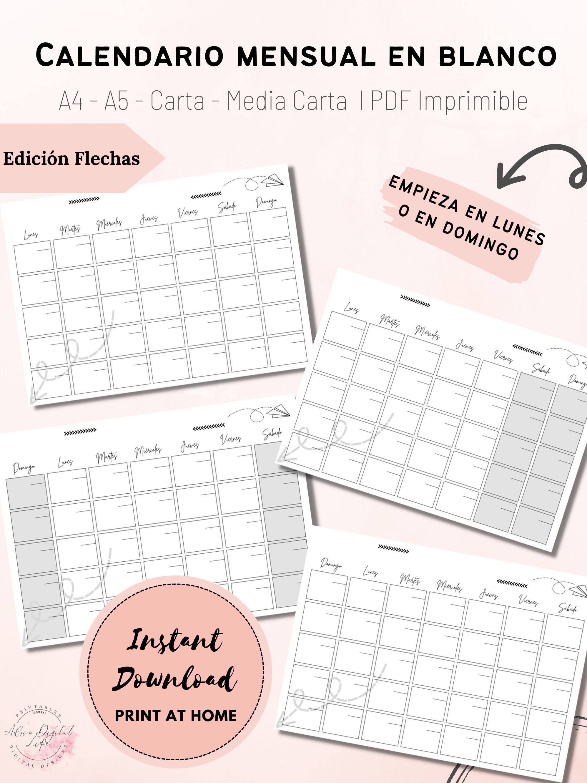 Calendario Mensual En Blanco Para Imprimir /PDF / Planificador Mensual ...