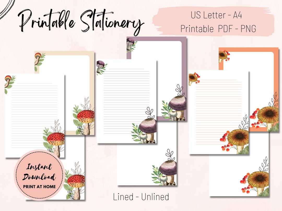 Stationery Printable Set Watercolor Mushroom A4 US Letter Size Instant ...