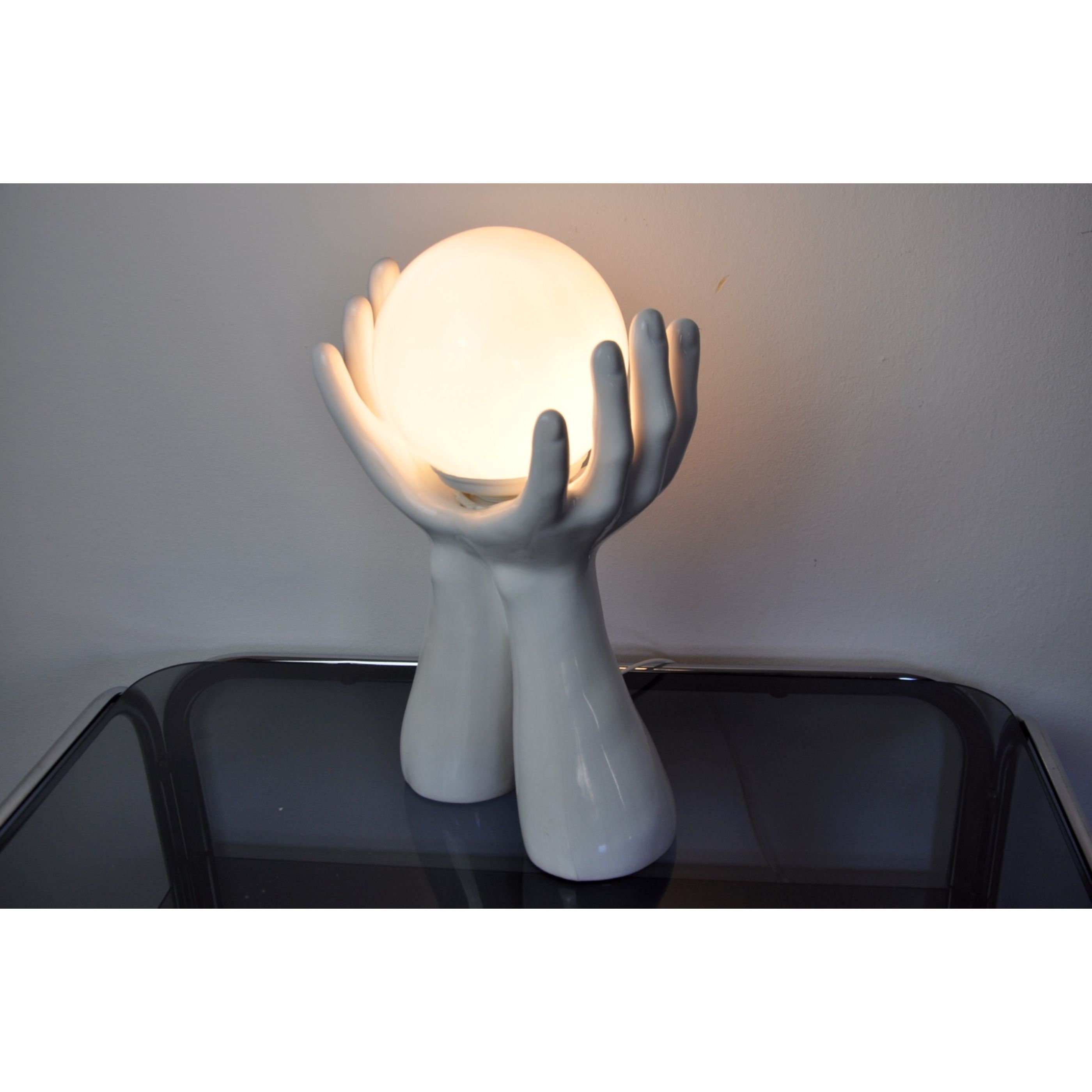 Hands Lamp in White Ceramic, Opaline Globe, France 1980 - Etsy