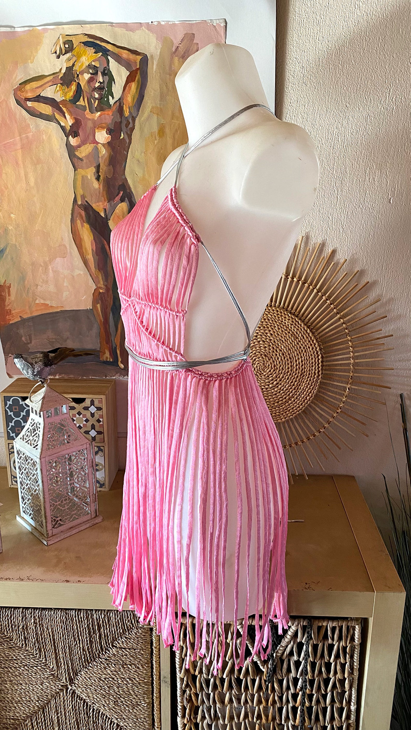 Rave Party Outfit, Greek Goddess Macrame Dress in Hot Pink, Mini ...