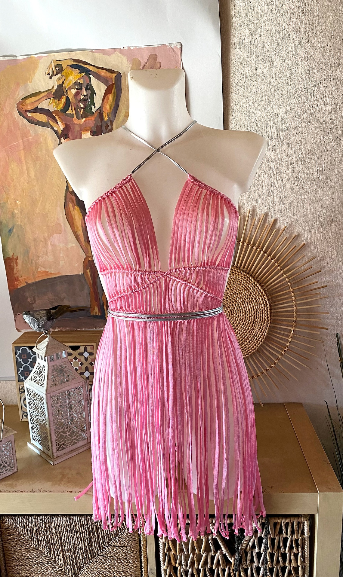 Rave Party Outfit, Greek Goddess Macrame Dress in Hot Pink, Mini ...