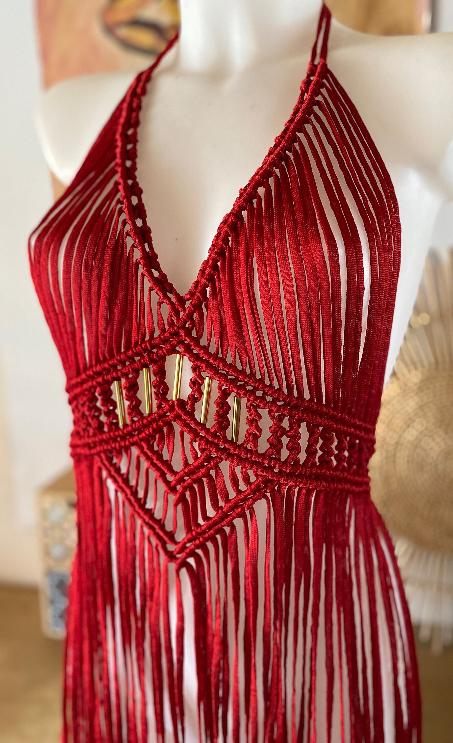 Red Macrame Festival Dress With Gold Beads, Goddess Outfit, Cleopatra ...