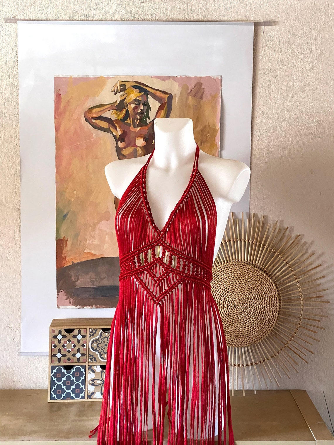 Red Macrame Festival Dress With Gold Beads, Goddess Outfit, Cleopatra ...
