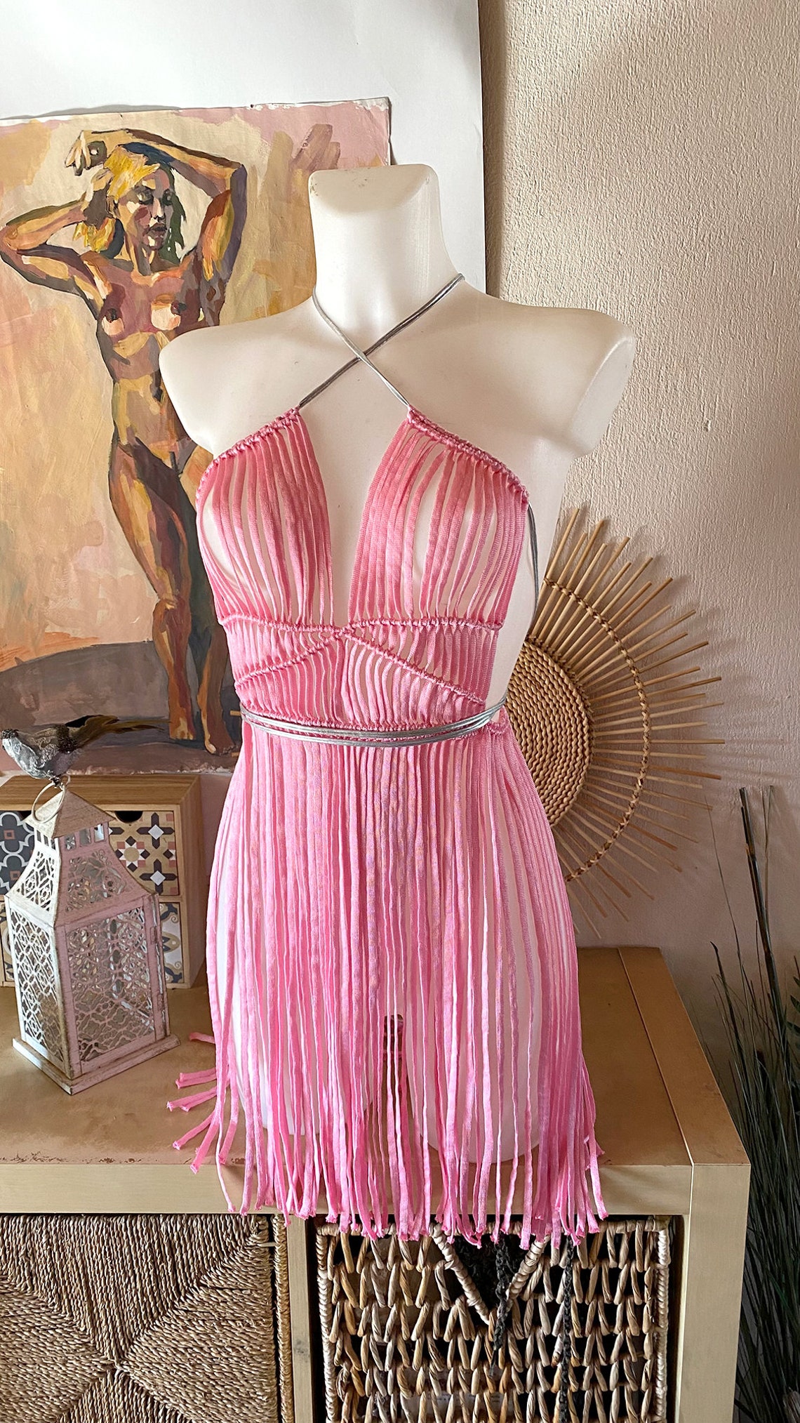Rave Party Outfit, Greek Goddess Macrame Dress in Hot Pink, Mini ...