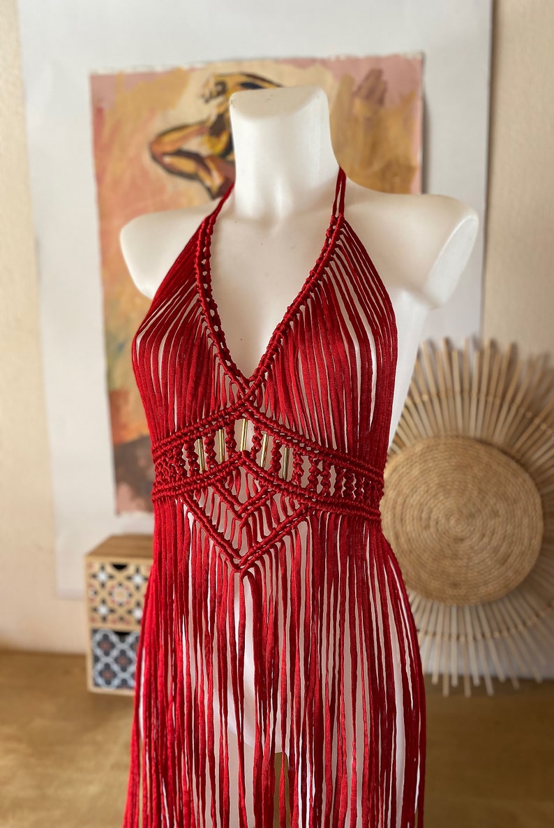 Red Macrame Festival Dress With Gold Beads, Goddess Outfit, Cleopatra ...