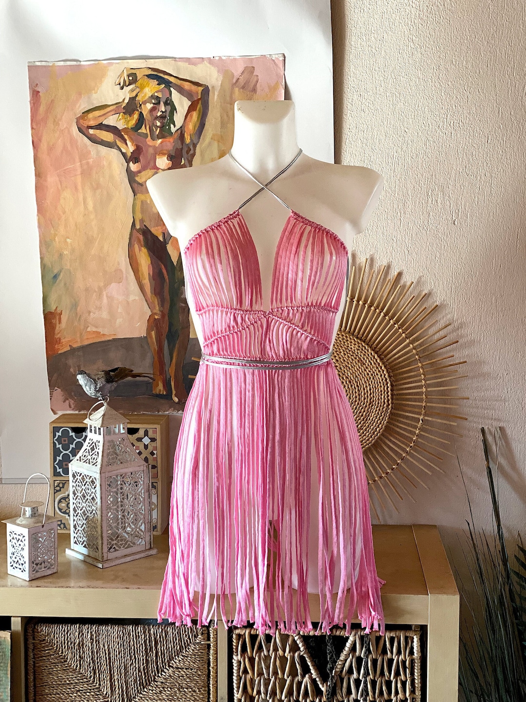 Rave Party Outfit, Greek Goddess Macrame Dress in Hot Pink, Mini ...