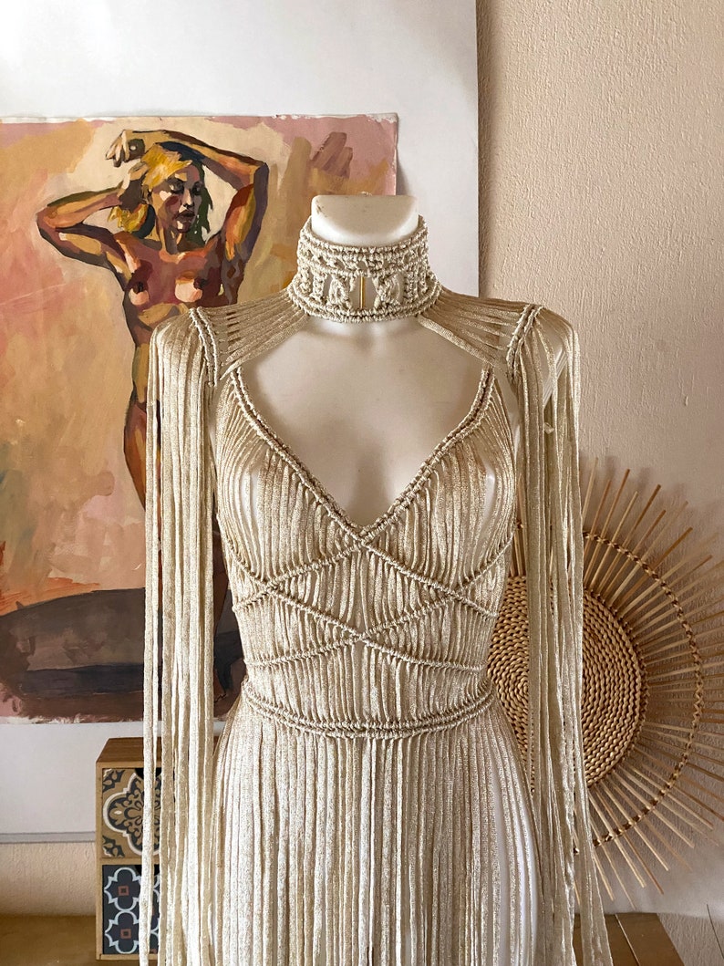 Greek Goddess Dress and Macrame Shoulders in Gold, Party Dress Woman ...