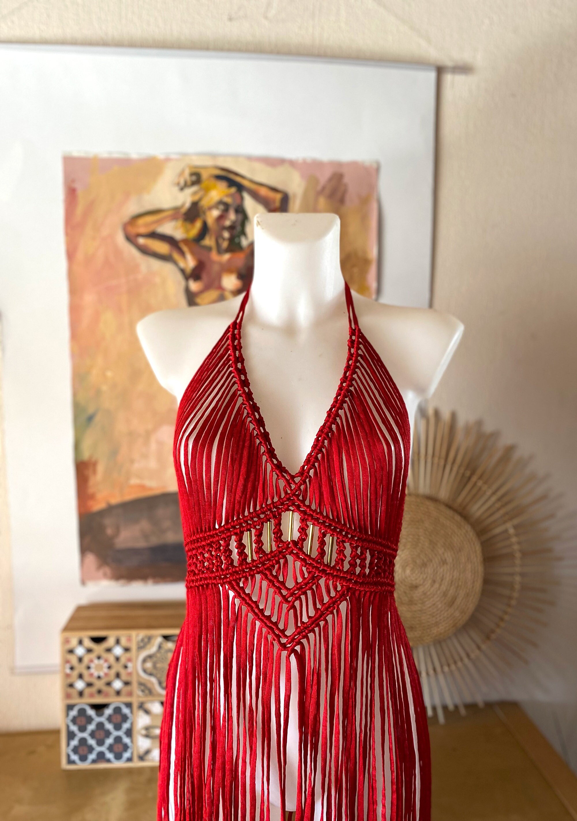 Red Macrame Festival Dress With Gold Beads, Goddess Outfit, Cleopatra ...