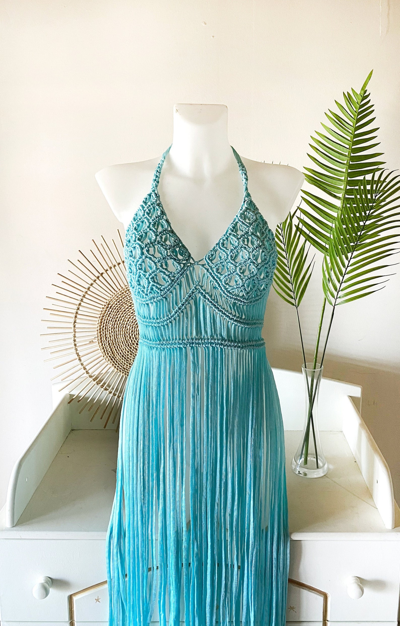 Blue Macrame Beach Dress, Long Backless Beach Dress, Bohemian Long Soft ...