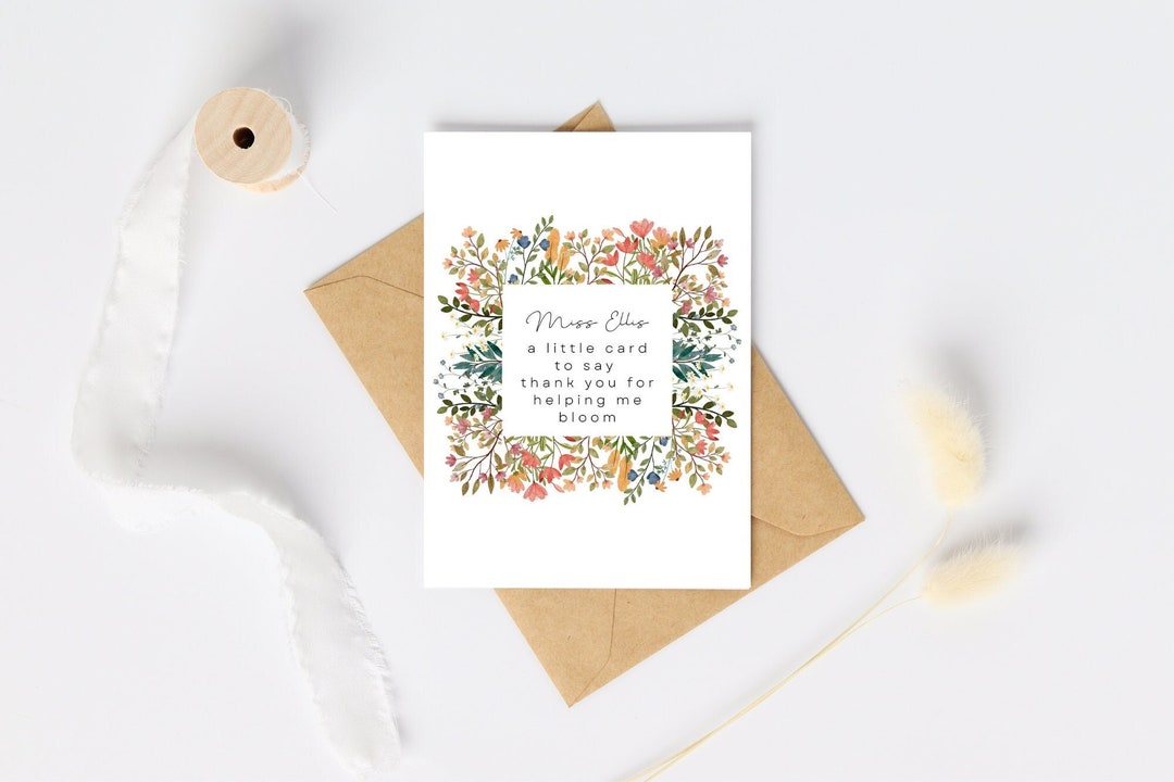 Thank You Teacher Card, Thank You for Helping Me Bloom, Personalised ...