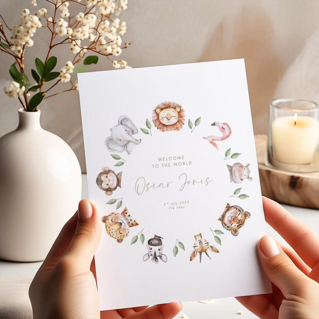 Safari Animal New Baby Card, New Baby Card, New Addition, Welcome to ...