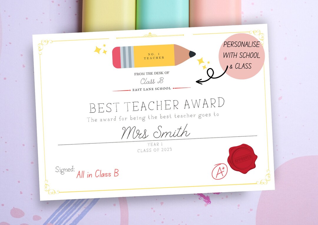 Personalised Teacher Certificate, Best Teacher, Thank You Teacher ...