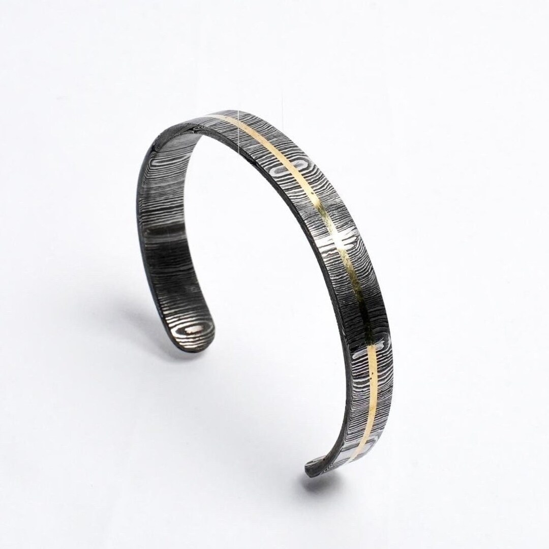 Damascus Steel Cuff Bracelet | Handmade Brass Inlay | Men’s Cuff ...