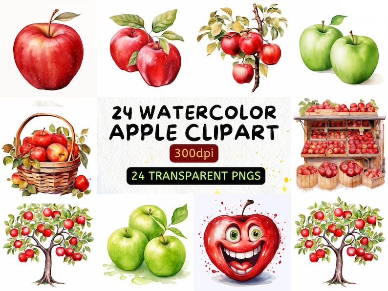 Watercolor Apple Clipart Bundle, Summer Fruit Designs (PNG) - Etsy