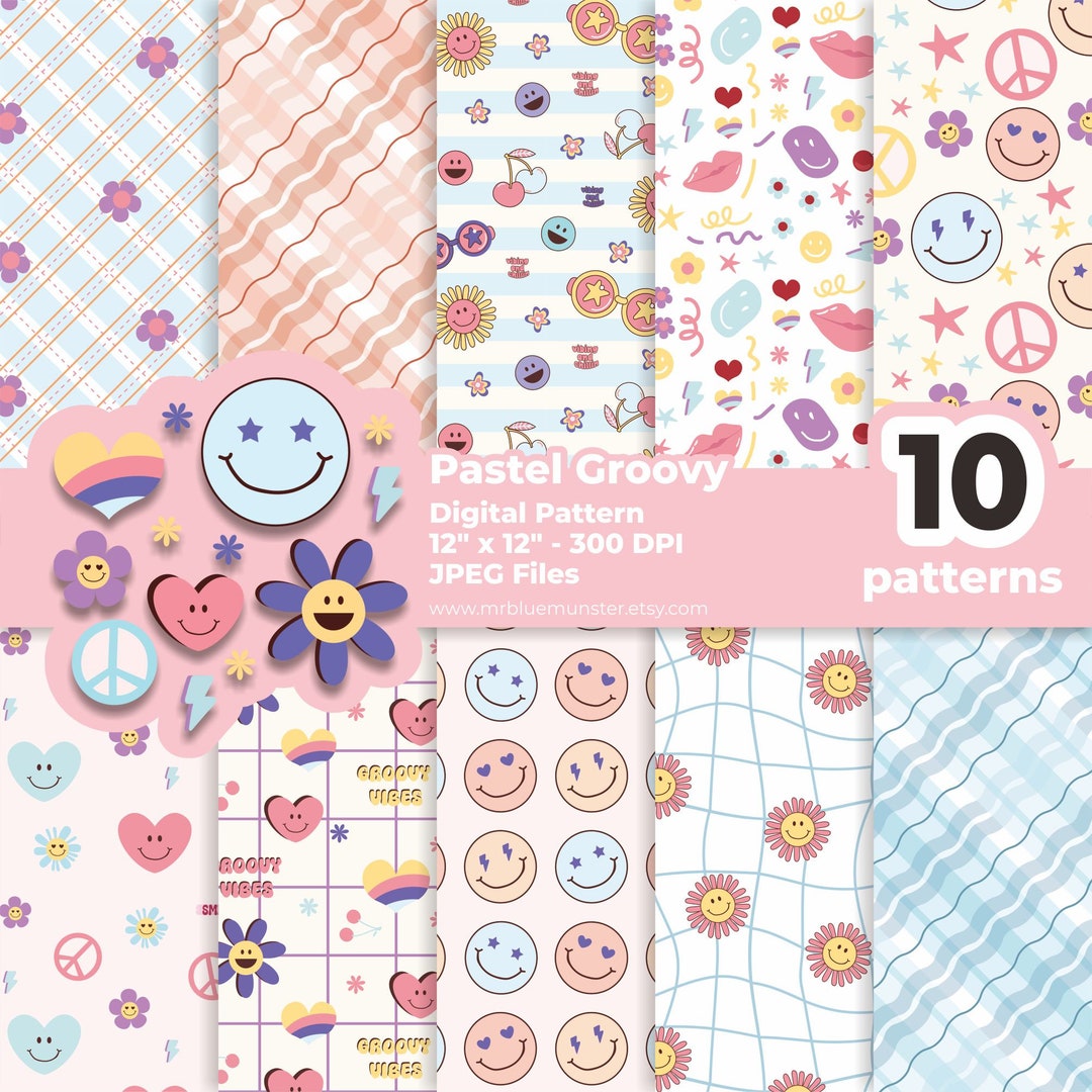 Pastel Groovy Digital Pattern, Pink Smiley Cute Retro Seamless Patterns ...