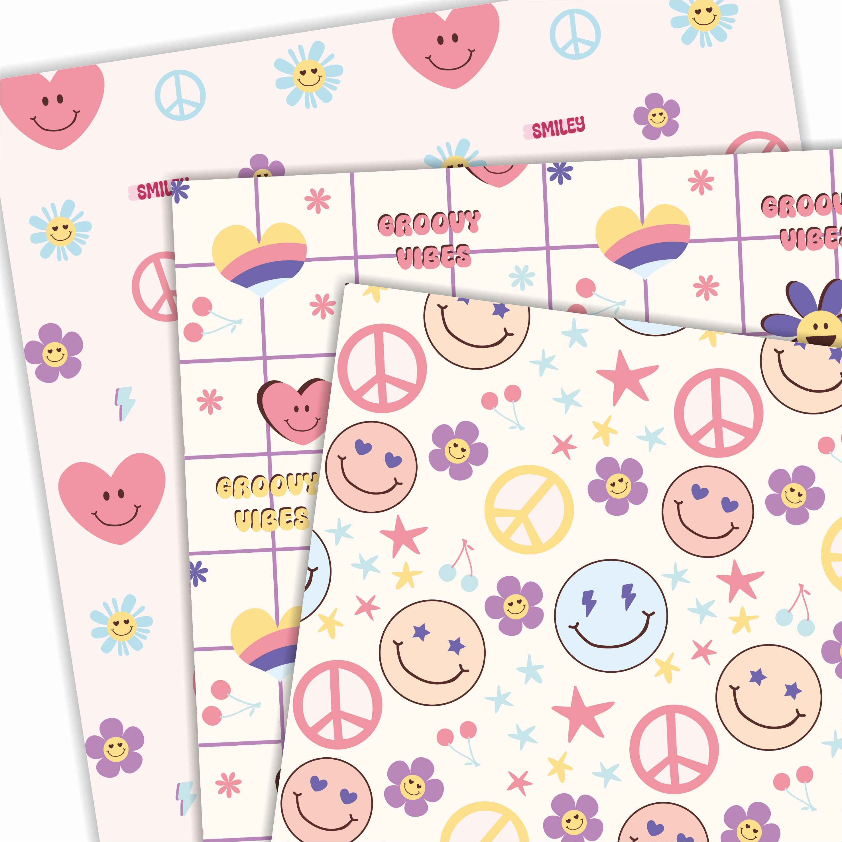Pastel Groovy Digital Pattern, Pink Smiley Cute Retro Seamless Patterns ...