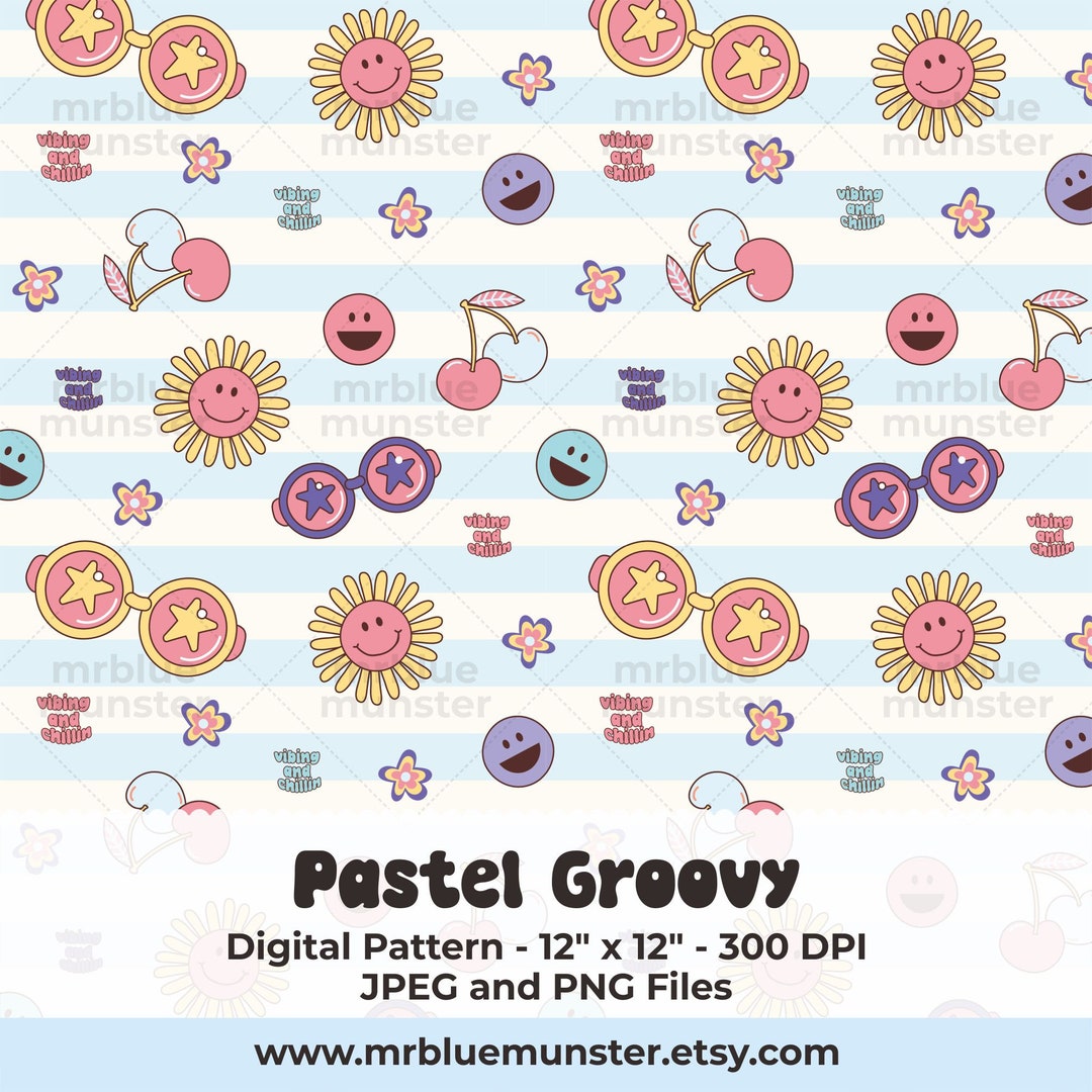Pastel Groovy Digital Pattern, Smiley Retro Tumbler Seamless Paper Pack ...