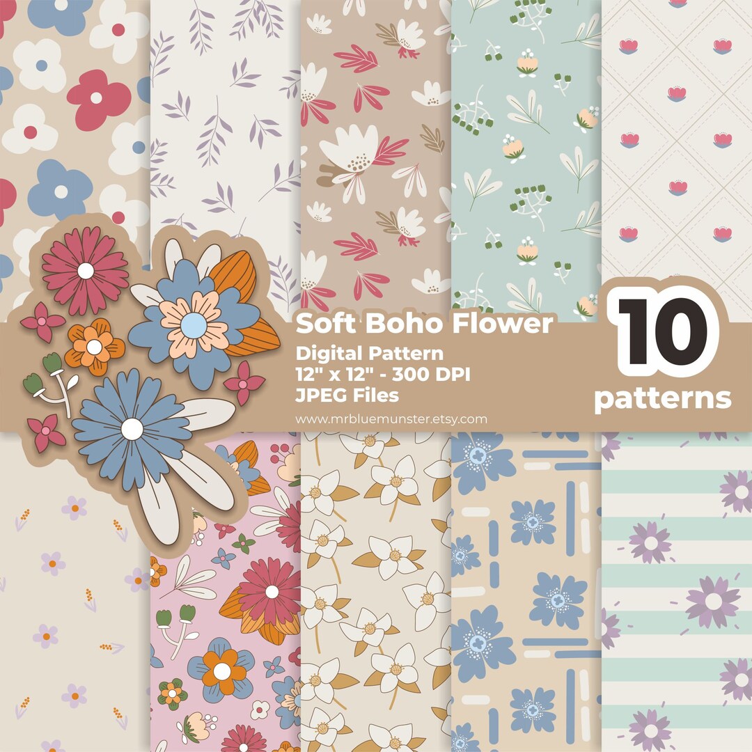 Soft Boho Flower Digital Pattern, Boho Flower Printable Seamless ...