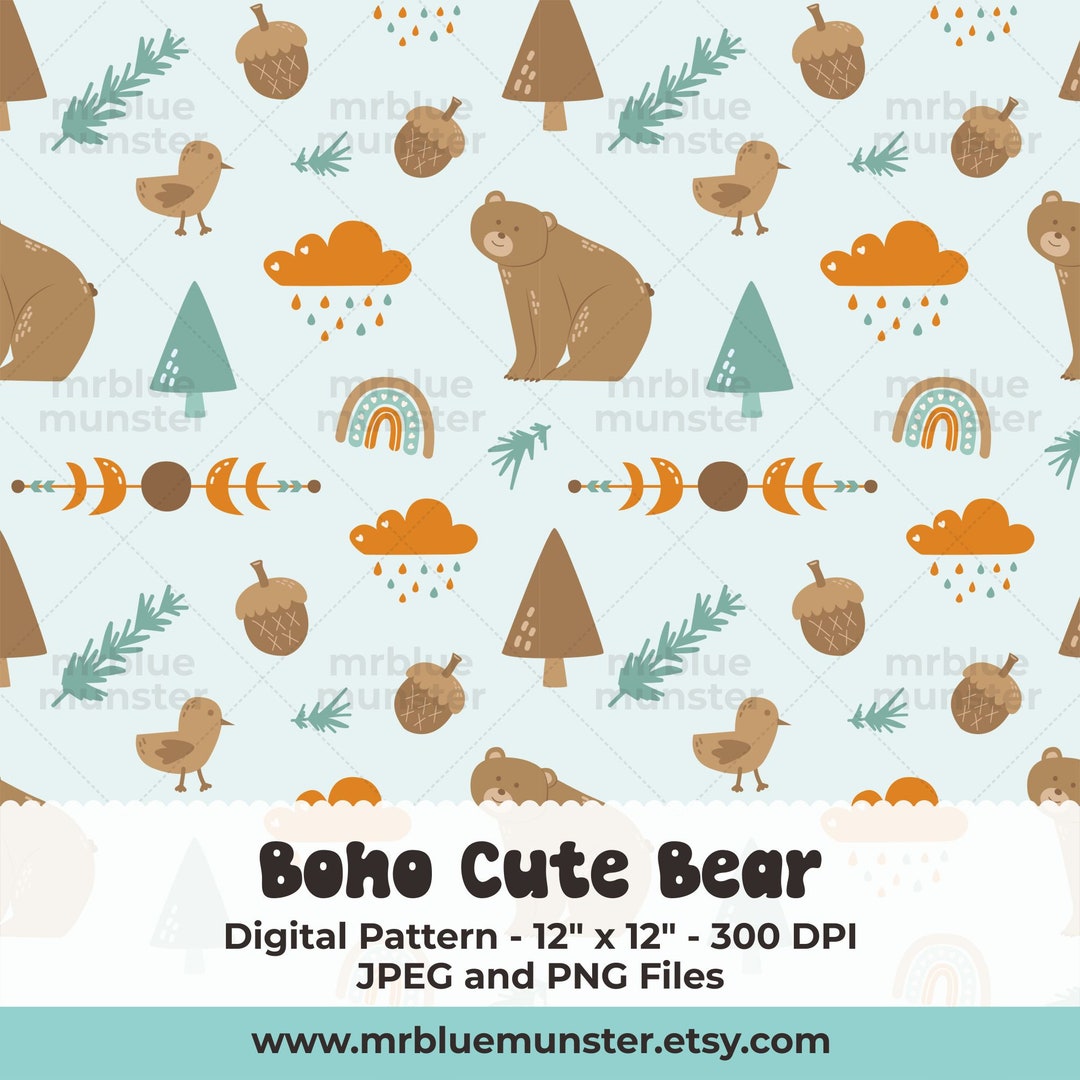 Boho Kids Bear Digital Pattern, Forest Animal Themed Background ...