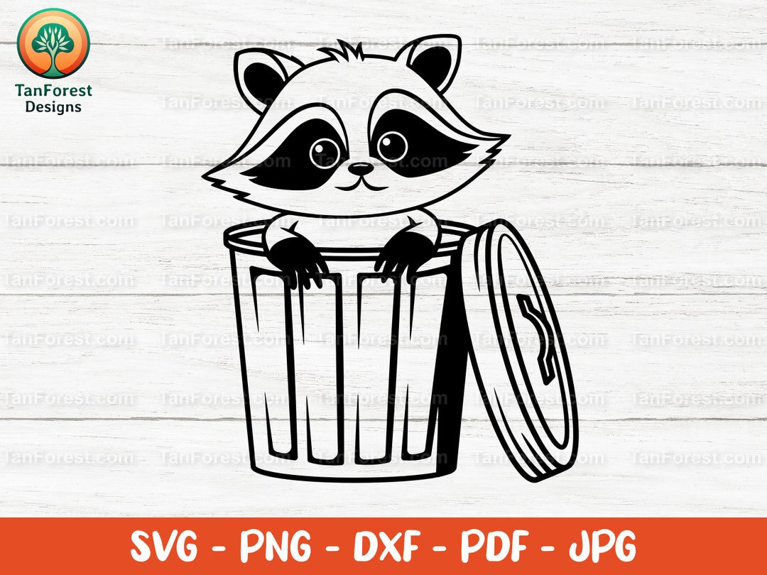 Cute Raccoon in Trash Can SVG Outline Cut File. Funny Baby Raccoon in ...