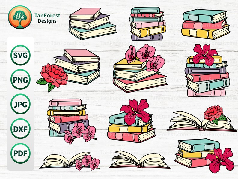 Books SVG Layered Cut Files Floral Books Svg Books Stack - Etsy