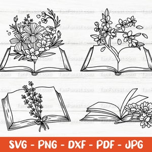 Books SVG Bundle – Hand Drawn Floral Book Stack Svgs for Reading Crafts ...