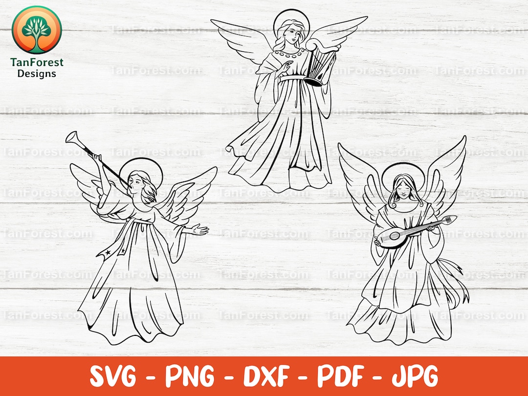 3 Angels Svg Solid and Outline, Hand Drawn Angel, Angelic Choir ...