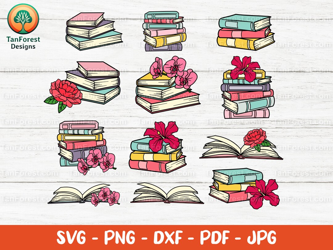 Books SVG Layered Cut Files, Floral Books Svg, Books Stack Clipart ...