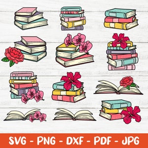 Books SVG Layered Cut Files, Floral Books Svg, Books Stack Clipart ...