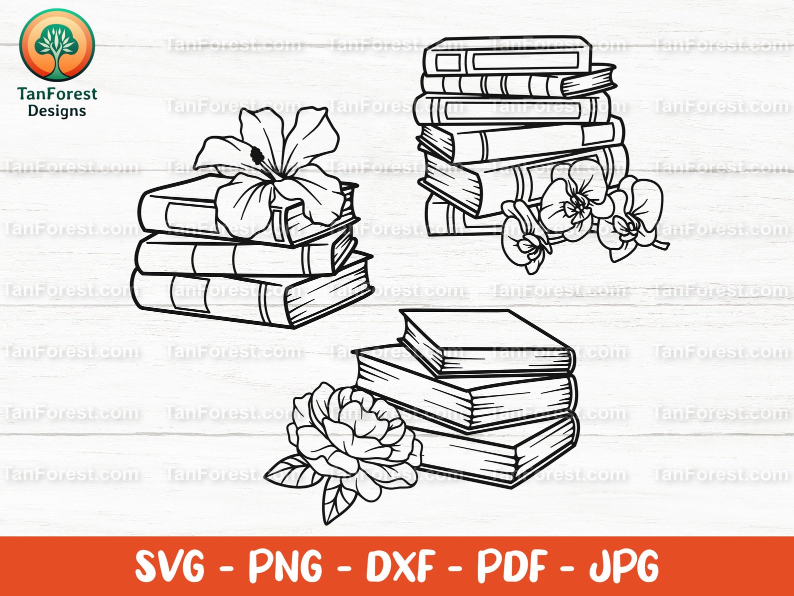 Books SVG Outline, Book Stack Svg, Reading Svg, Book Clipart, Floral ...