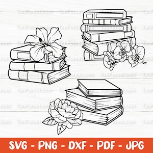 Books SVG Outline, Book Stack Svg, Reading Svg, Book Clipart, Floral ...