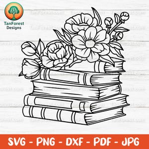 Floral Book Stack SVG | Digital Download | Book Lover Outline Design ...
