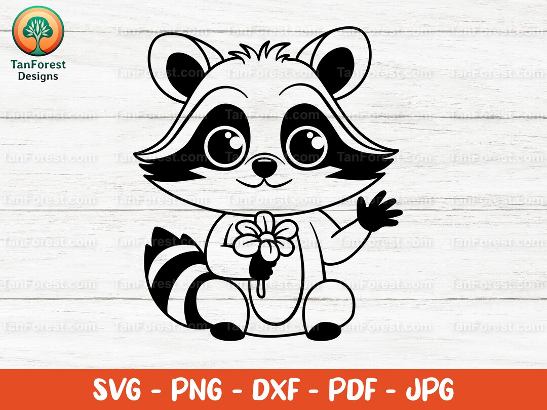 Baby Raccoon SVG Outline Cut File. Raccoon With Flower Svg. Cute ...