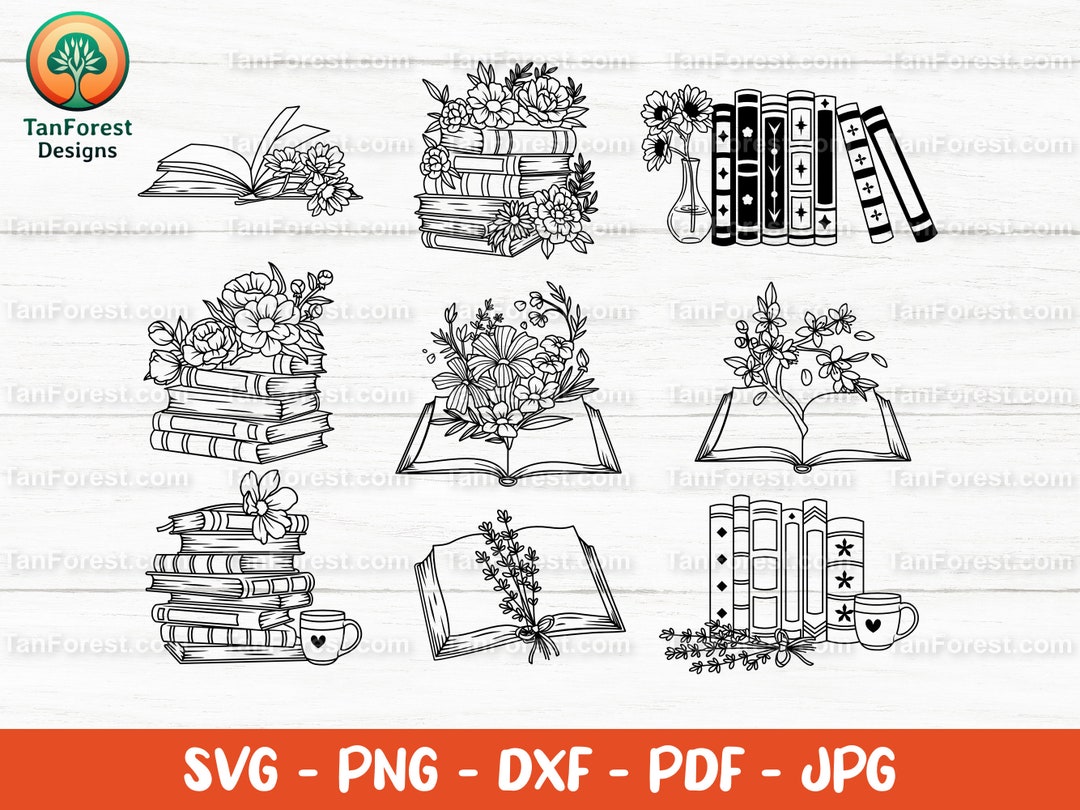 Books SVG Bundle – Hand Drawn Floral Book Stack Svgs for Reading Crafts ...
