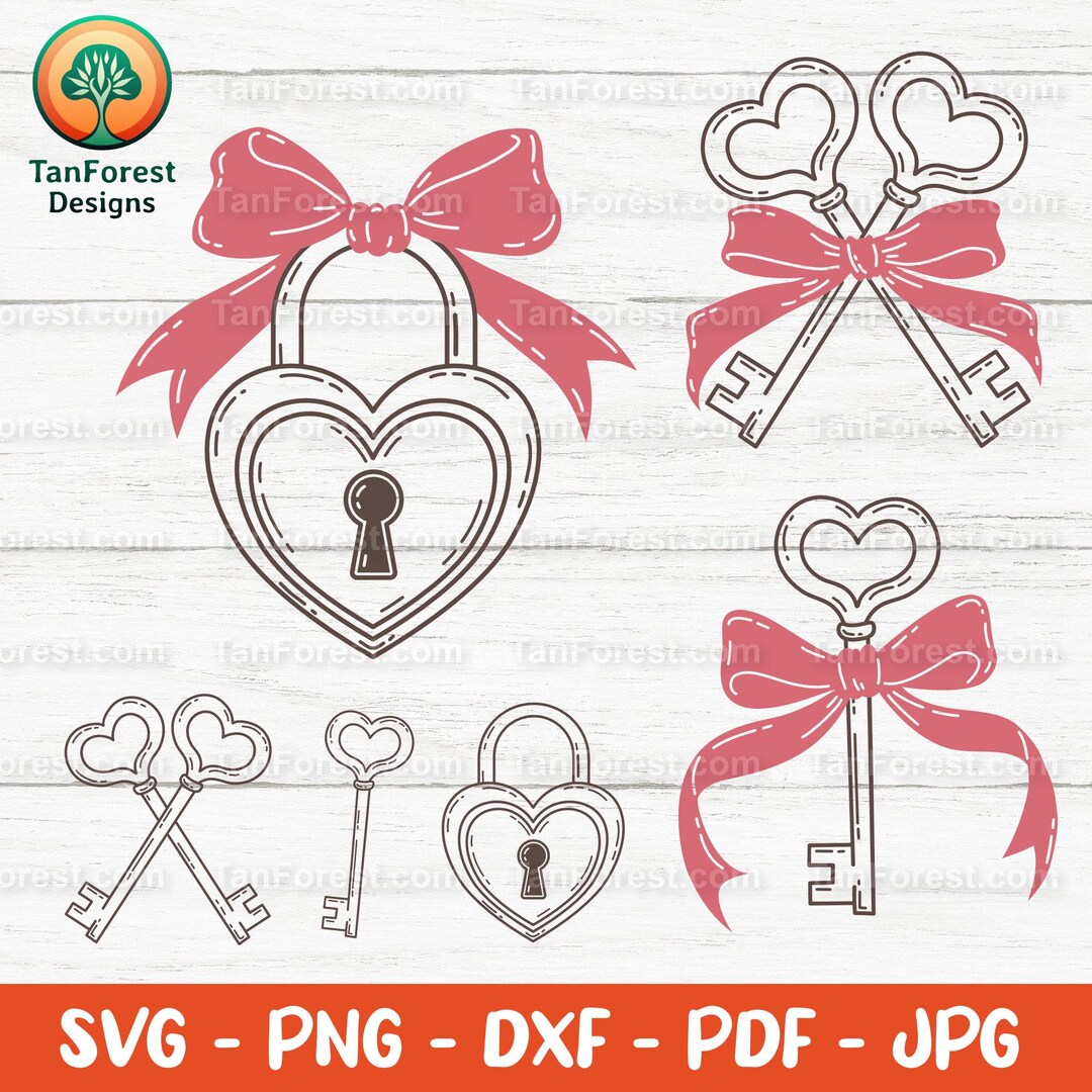 Heart Lock and Key SVG Bundle, Valentine’s Day Cut Files PNG DXF, Love ...