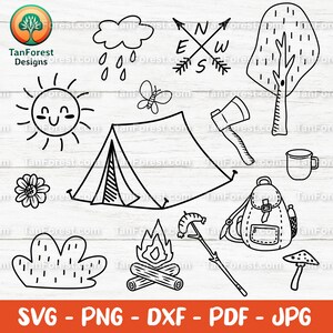 Camping SVG Outline Bundle. Outdoor Clipart, Hand Drawn Doodle ...