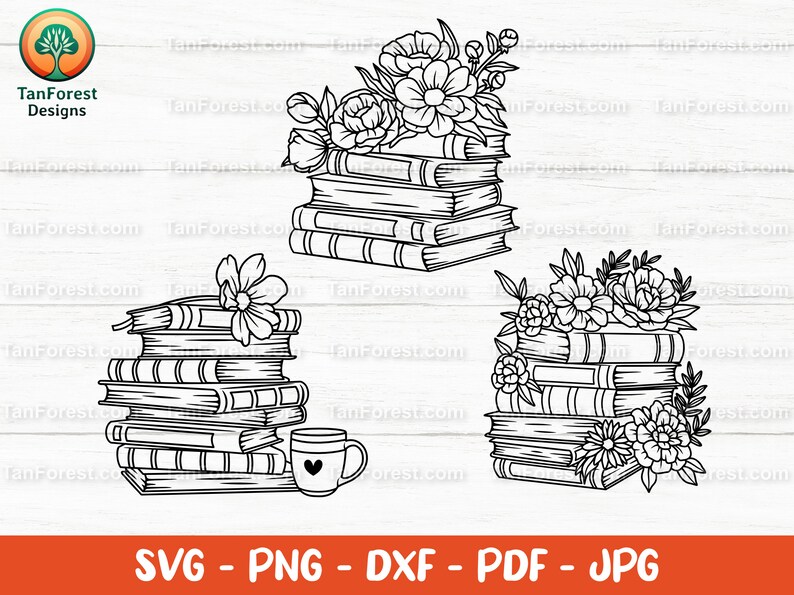 Books Svg Book Stack Svg Reading Svg Book Clipart Floral Books Svg
