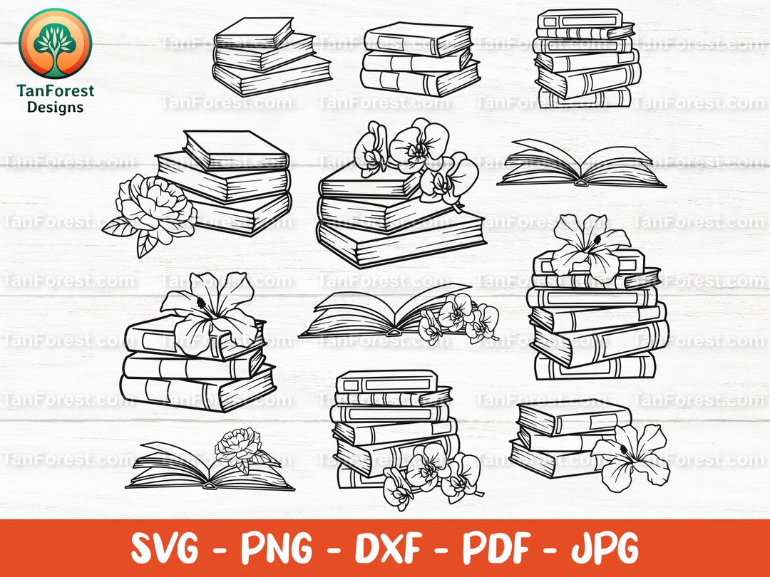 Books SVG Outline, Book Stack Svg, Reading Svg, Book Clipart, Floral ...