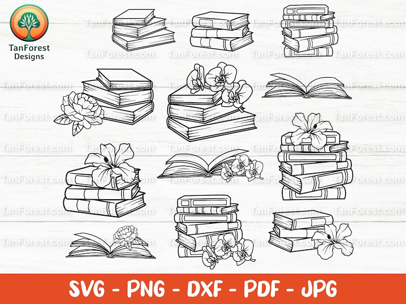 Books SVG Outline, Book Stack Svg, Reading Svg, Book Clipart, Floral ...