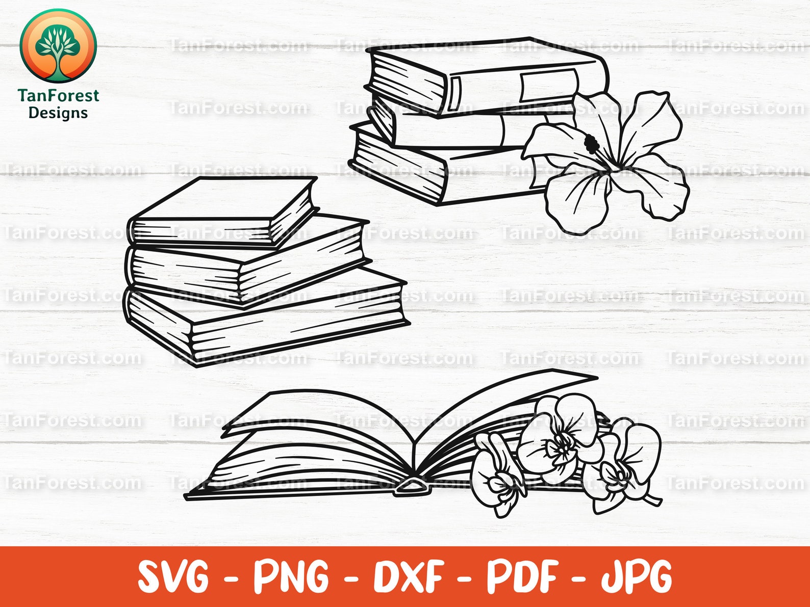 Books SVG Outline, Book Stack Svg, Reading Svg, Book Clipart, Floral ...