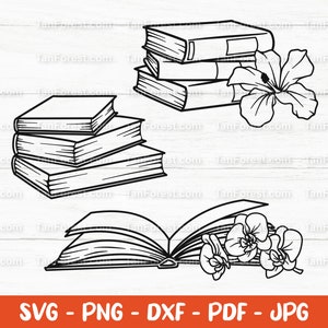 Books SVG Outline, Book Stack Svg, Reading Svg, Book Clipart, Floral ...