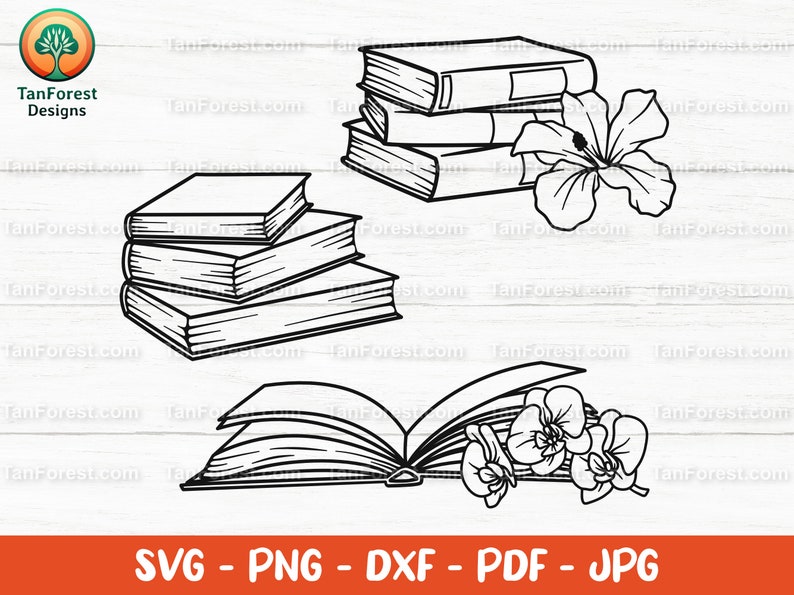 Books SVG Outline, Book Stack Svg, Reading Svg, Book Clipart, Floral ...