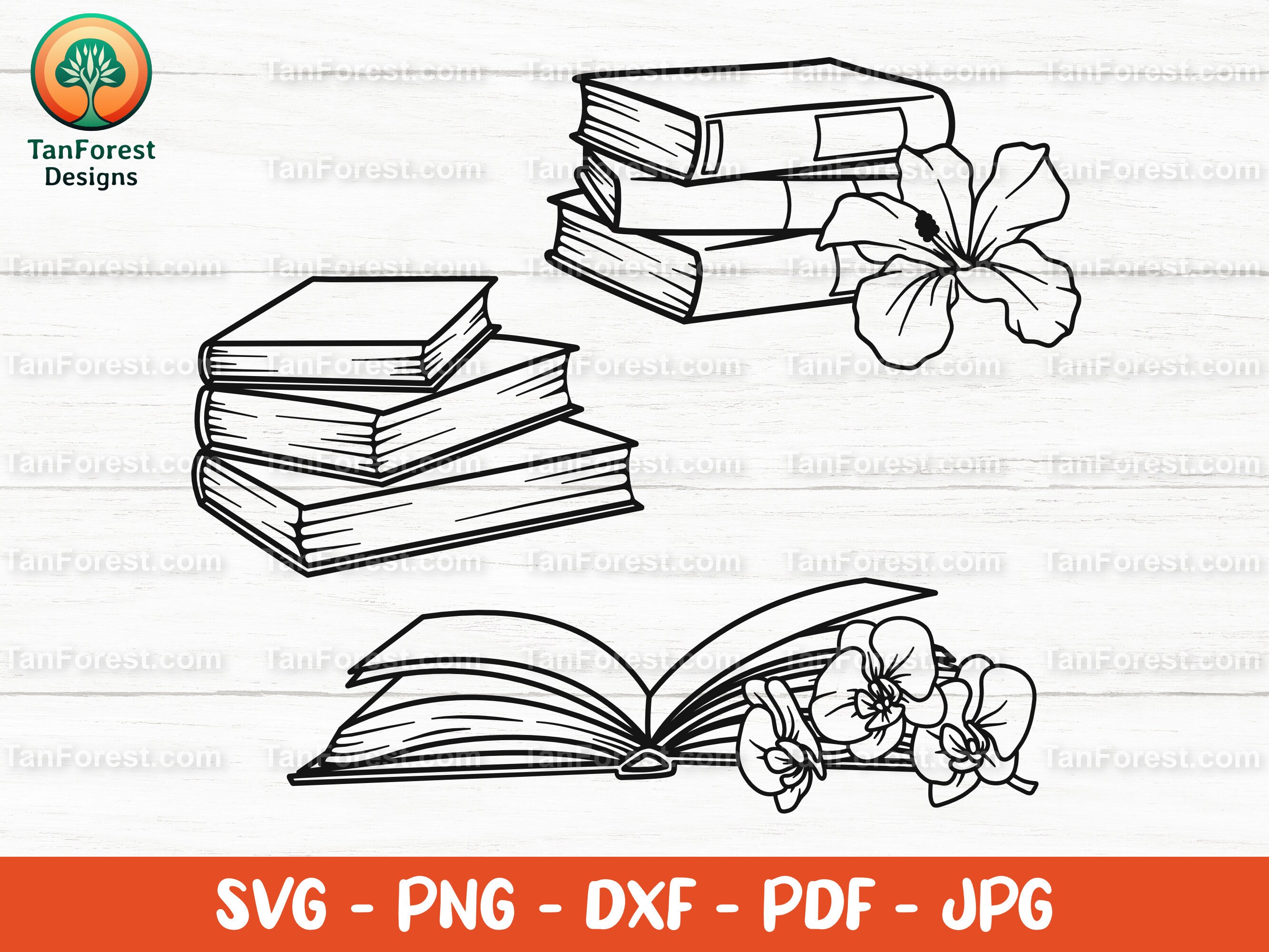 Books SVG Outline, Book Stack Svg, Reading Svg, Book Clipart, Floral ...
