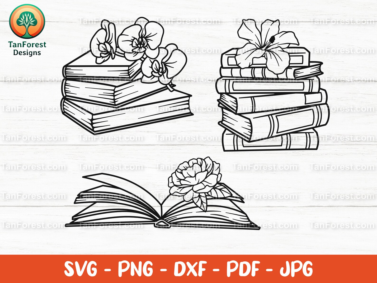 Books SVG Outline, Book Stack Svg, Reading Svg, Book Clipart, Floral ...